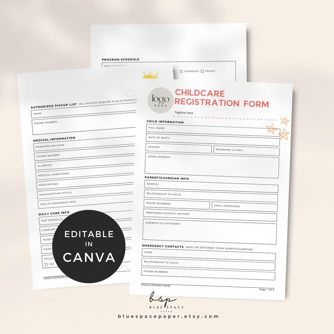 Childcare Registration Form, Enrollment Forms Day Care, Daycare ...