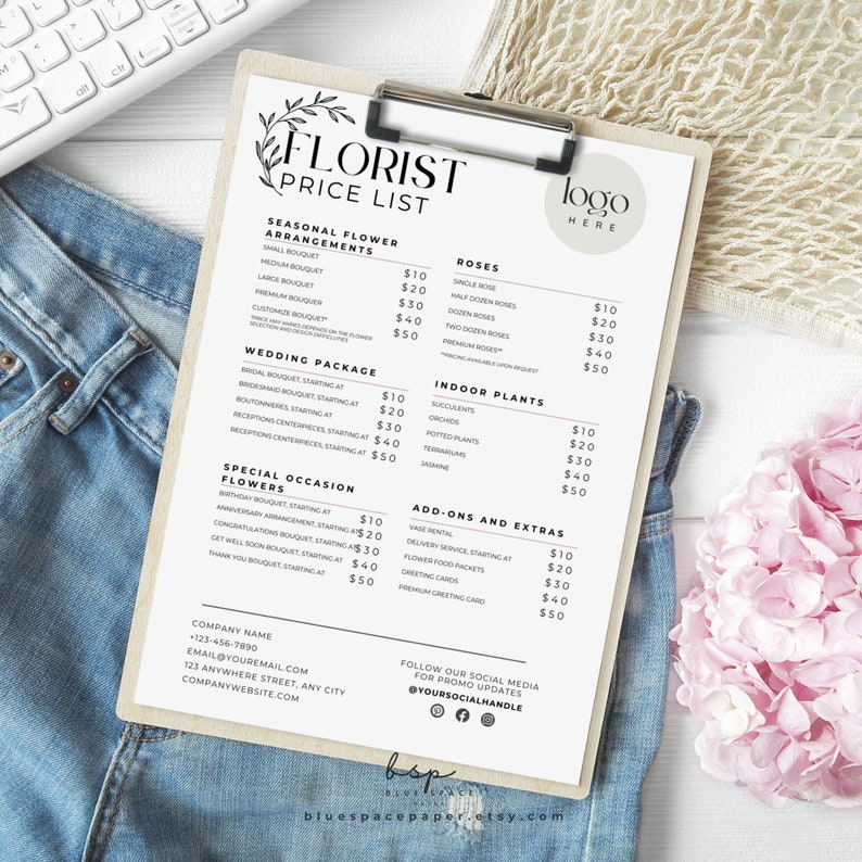 Price List Template for Florist, Flower Bouquet Price List, Floral ...