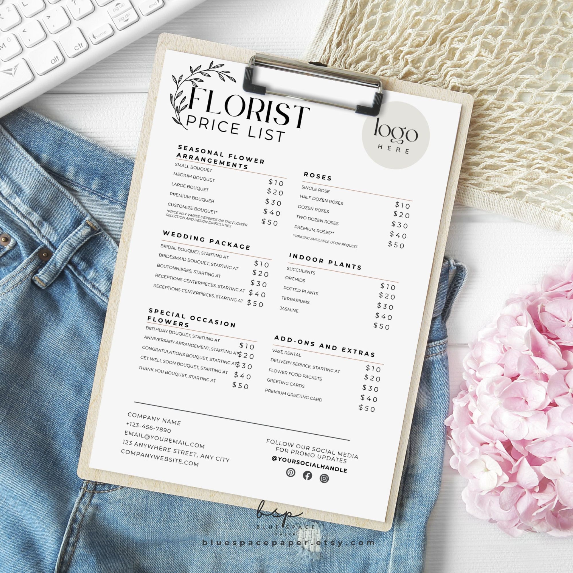 Price List Template for Florist, Flower Bouquet Price List, Floral ...