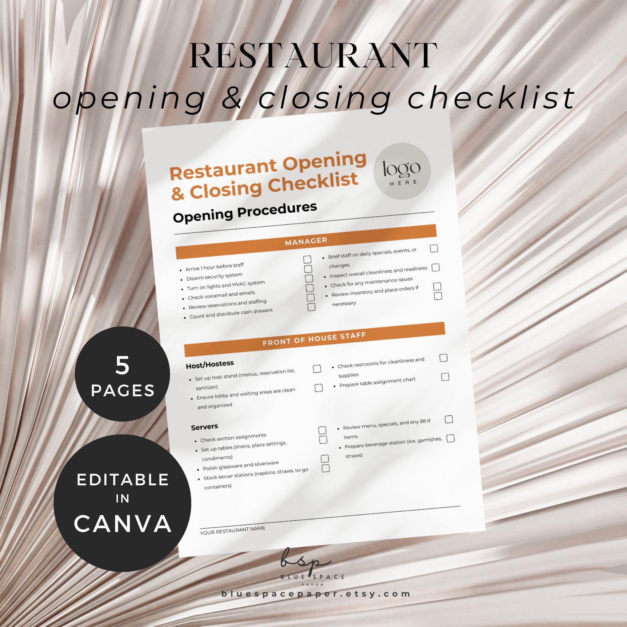 Restaurant Opening and Closing Checklist, Server Opening Closing ...