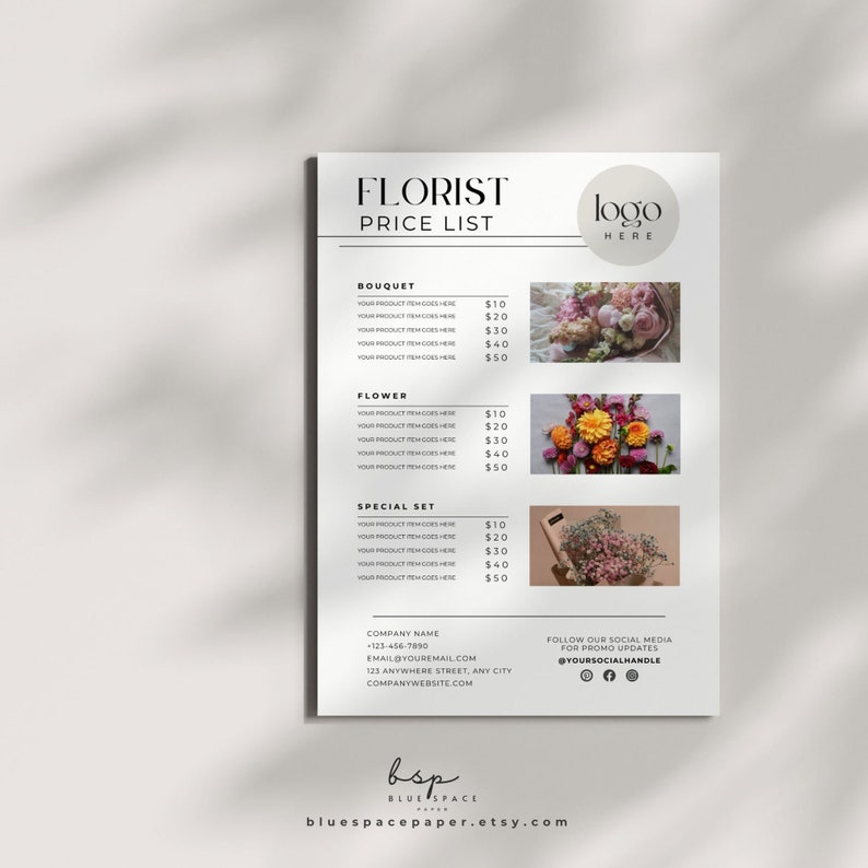 Price List Template Flowers, Florist Price List, Flower Bouquet Price ...