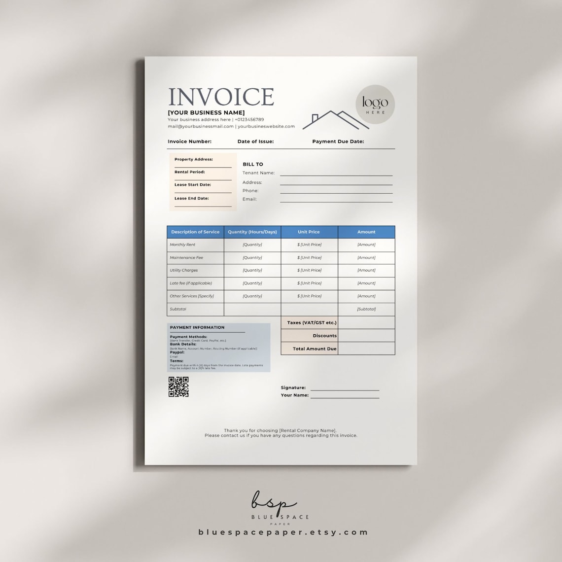 Rental Property Invoice, Airbnb Property Management Invoice, Rent ...