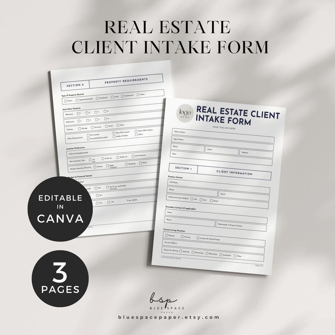Real Estate Client Intake Form, Home Buyer Questionnaire, Realtor ...
