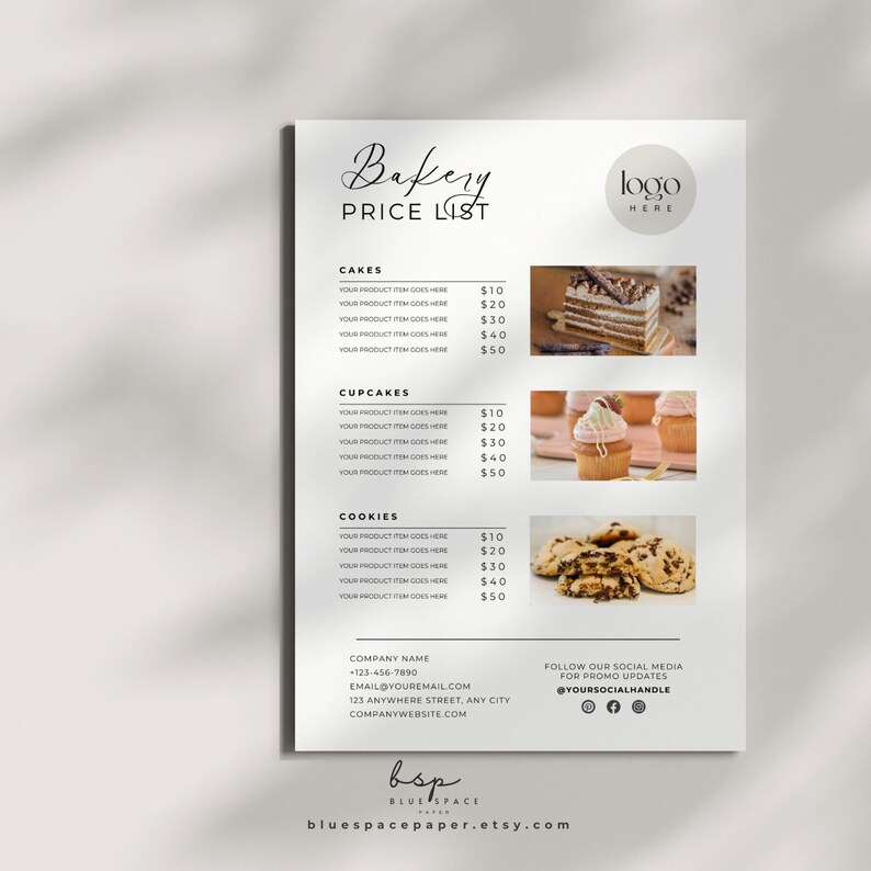 Bakery Price Sheet, Bakery Price Template, Bakery Menu Template, Cake ...