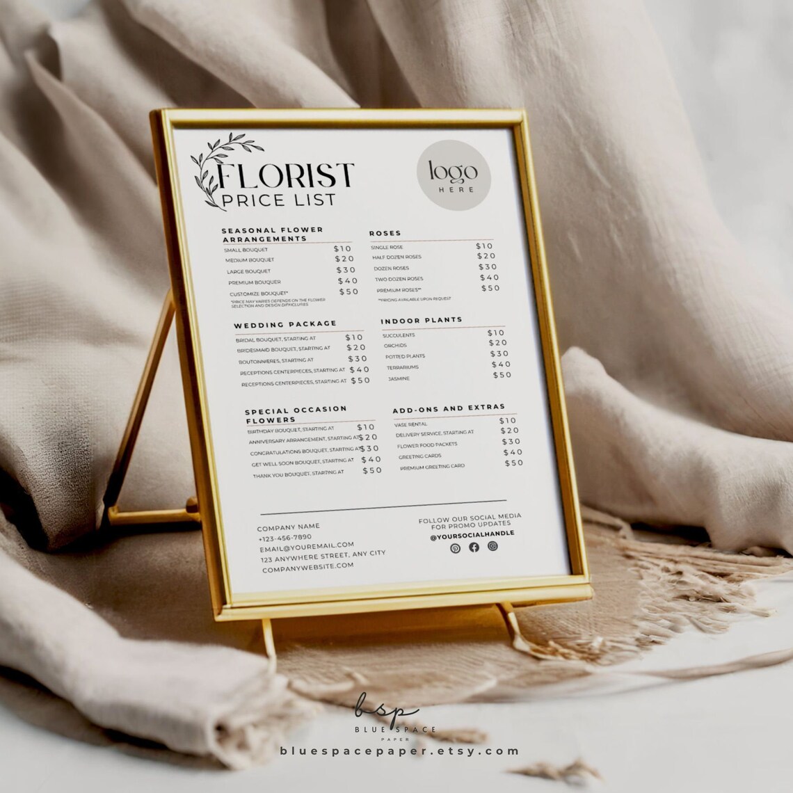 Price List Template for Florist, Flower Bouquet Price List, Floral ...