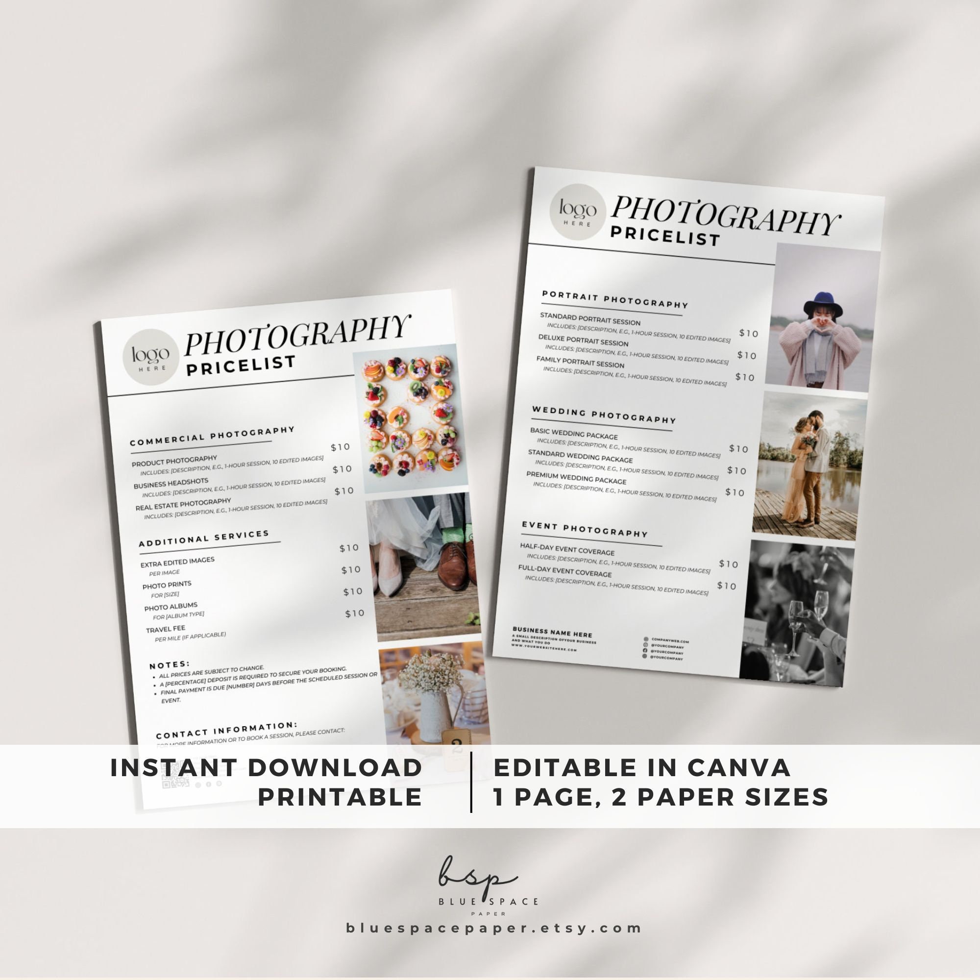Photographer Price Menu, Modern Photography Price Sheet Template ...