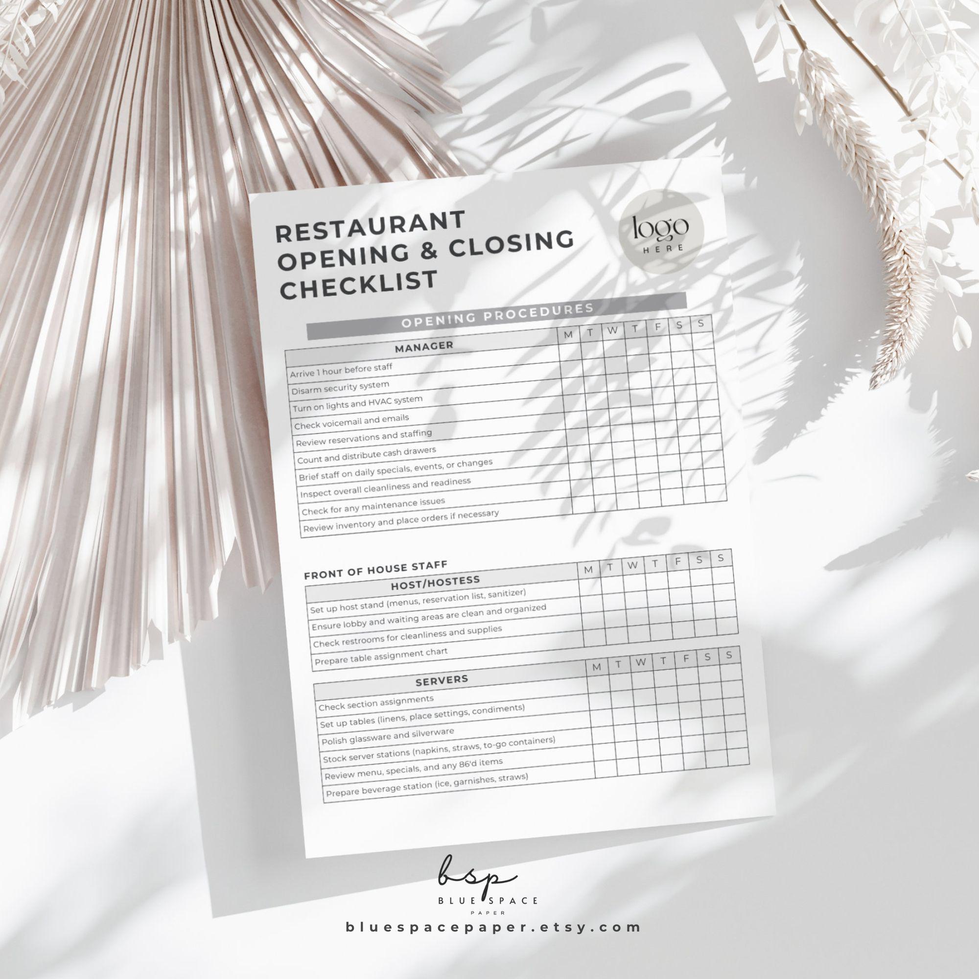 Restaurant Opening and Closing Checklist, Cafe Opening Closing ...