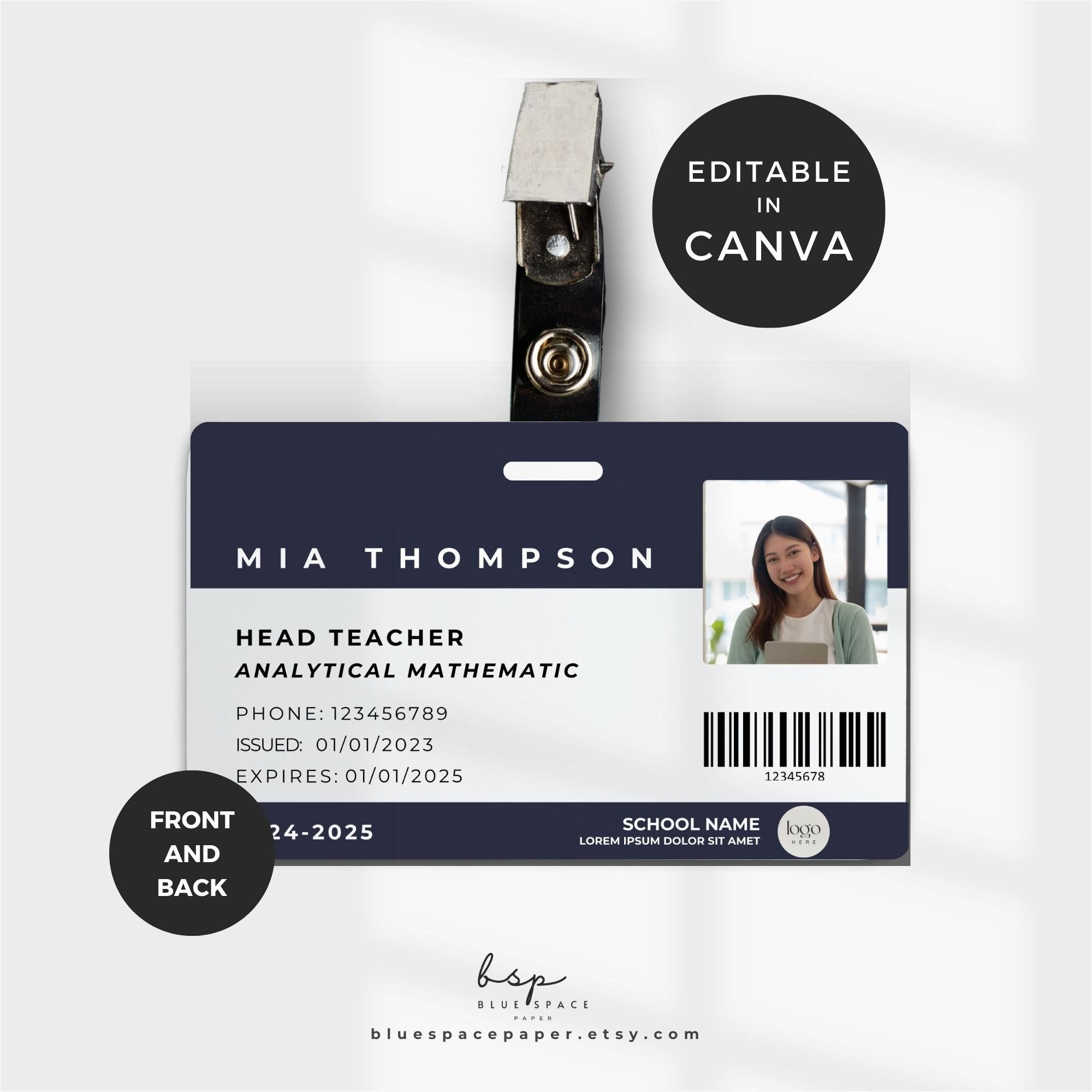 Printable Teacher Id Card, Editable ID Badge, ID Card Template Canva ...