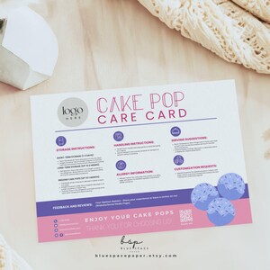 Cake Pop Care Card, Care Instruction Cards Template, Home Bakery Care Card Template, Cake Care ...