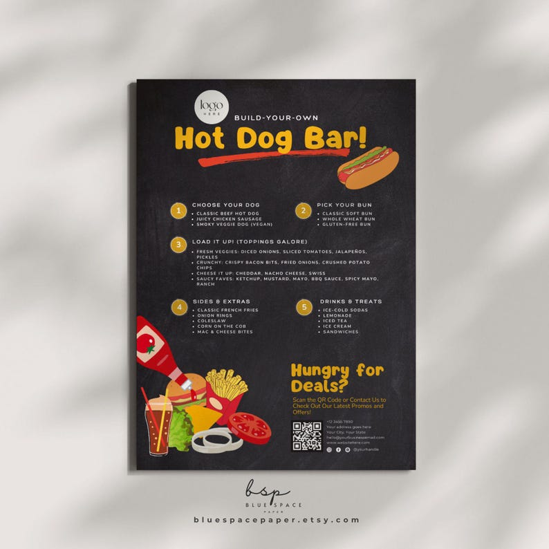 Hot Dog Bar Sign Menu, Food Tent Card Printable, Chalk Board Signs ...