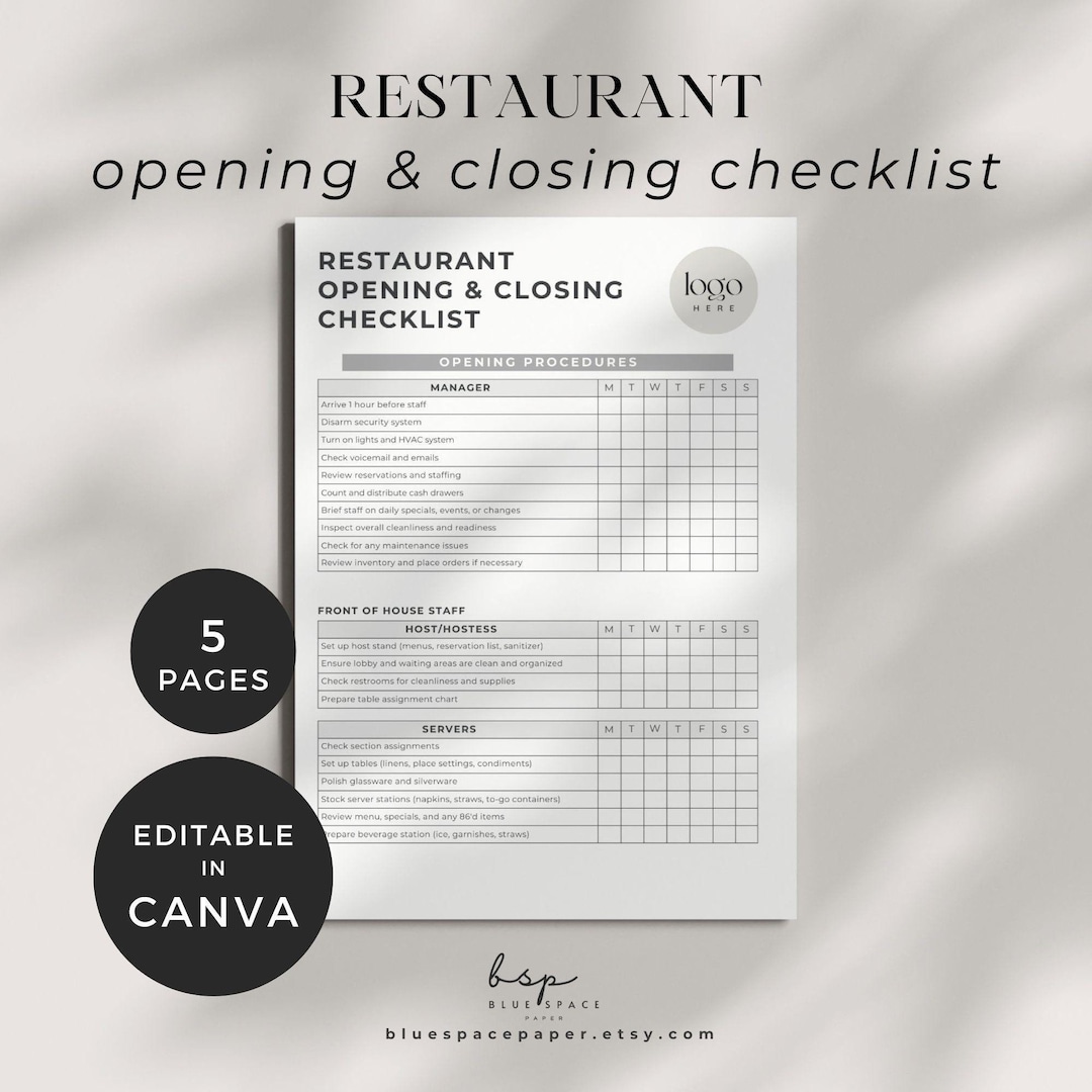 Restaurant Opening and Closing Checklist, Cafe Opening Closing ...