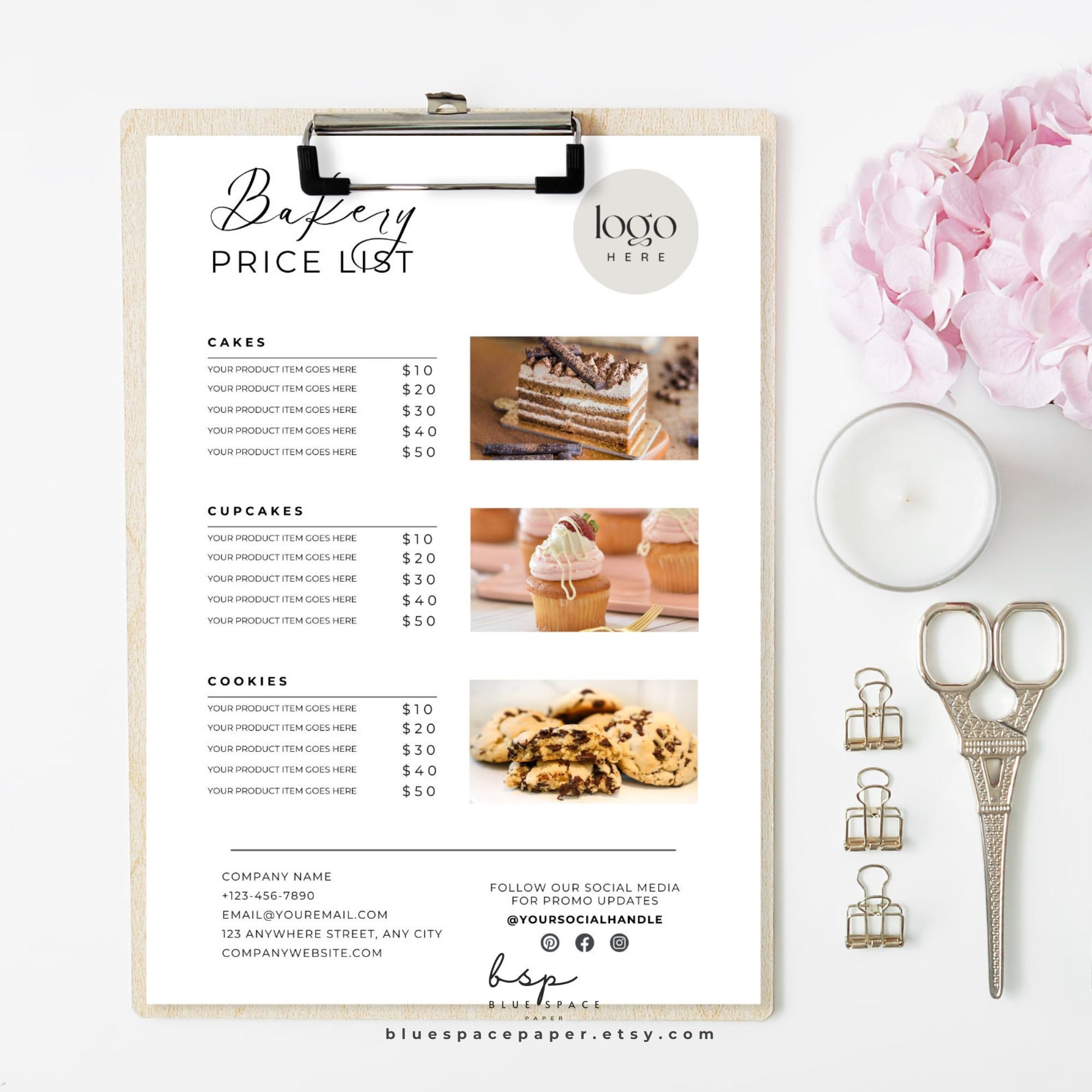 Bakery Price Sheet, Bakery Price Template, Bakery Menu Template, Cake ...