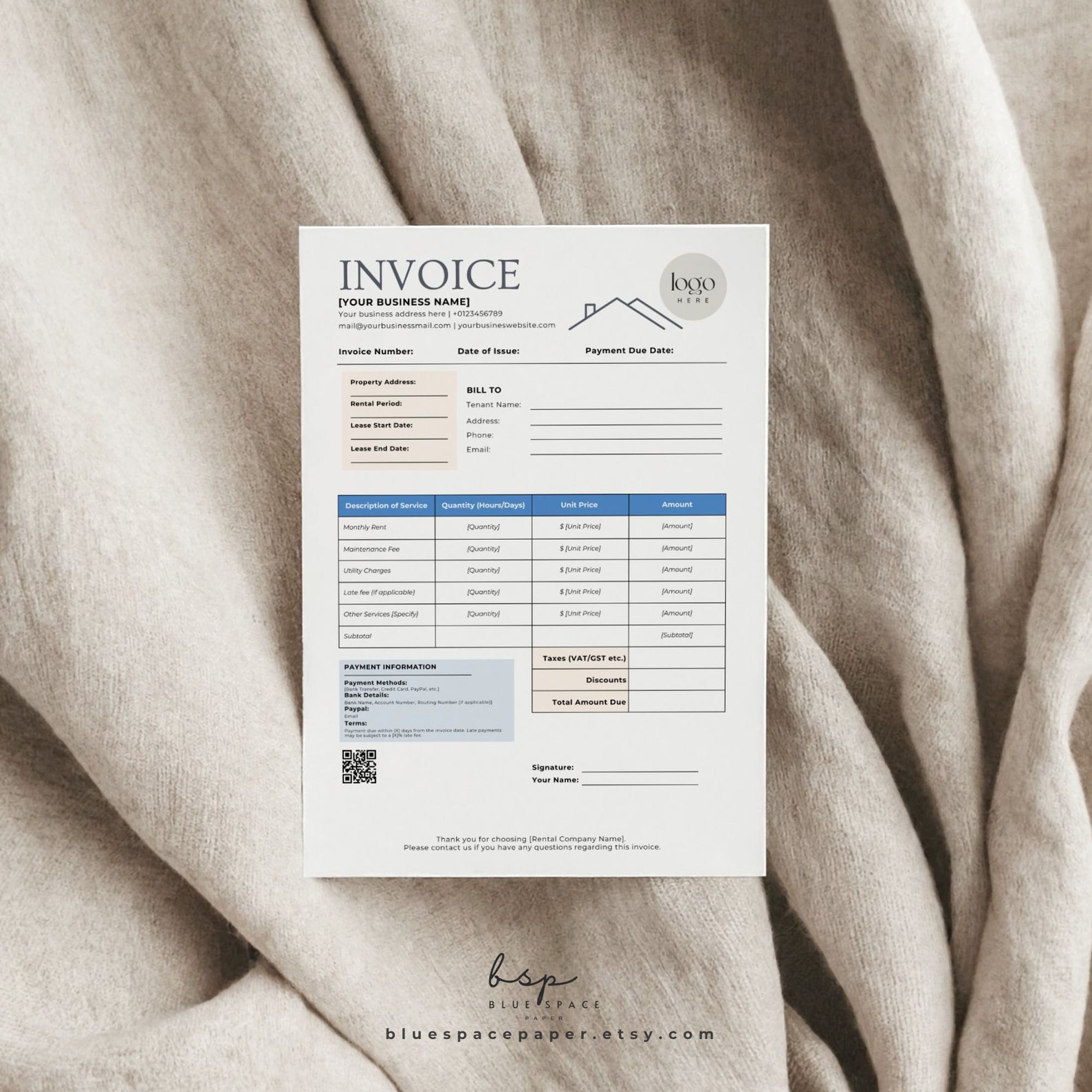 Rental Property Invoice, Airbnb Property Management Invoice, Rent ...