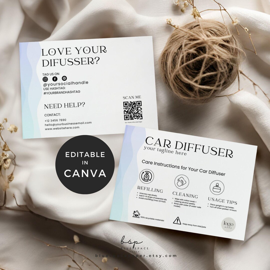 Car Diffuser Care Card, Printable Canva Template Editable Car Diffuser ...