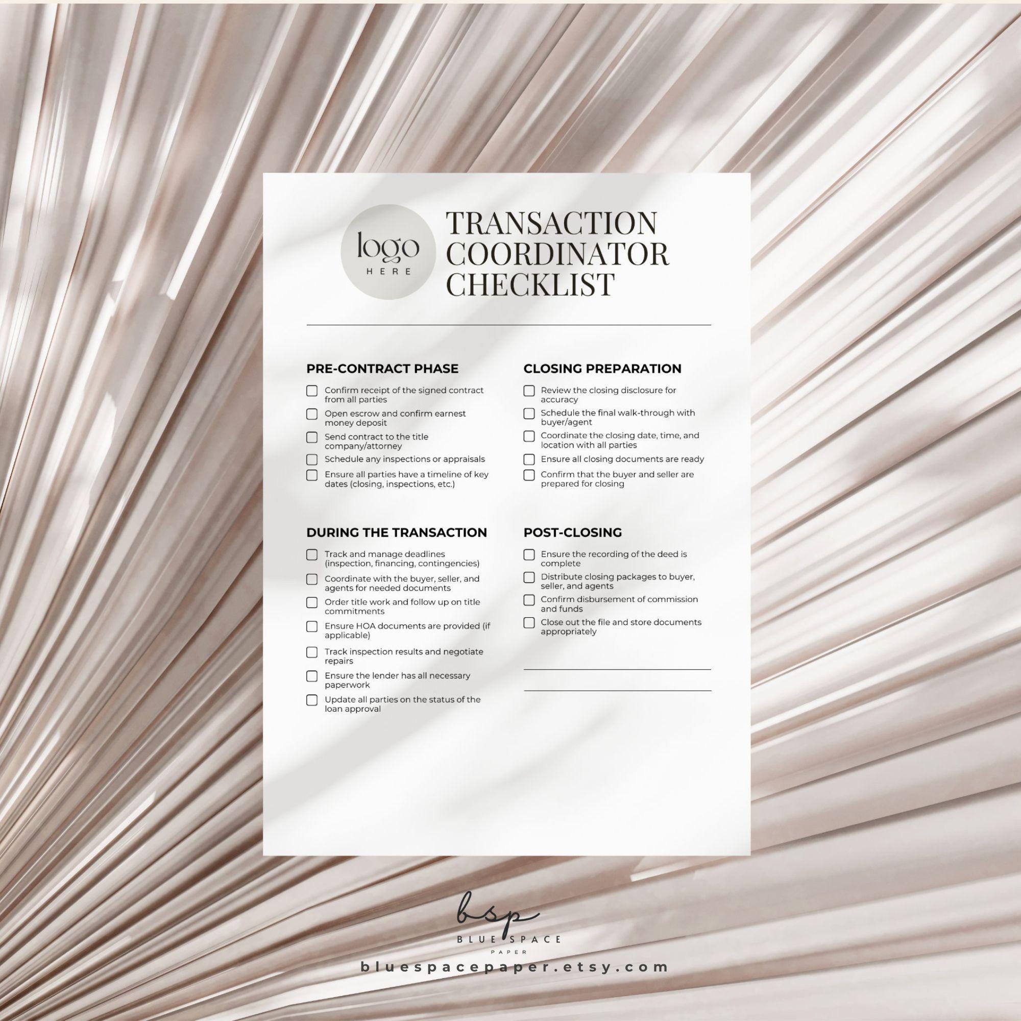 Transaction Coordinator Checklist, Real Estate Transaction Checklist ...