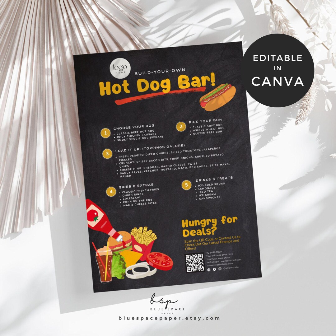 Hot Dog Bar Sign Menu, Food Tent Card Printable, Chalk Board Signs ...