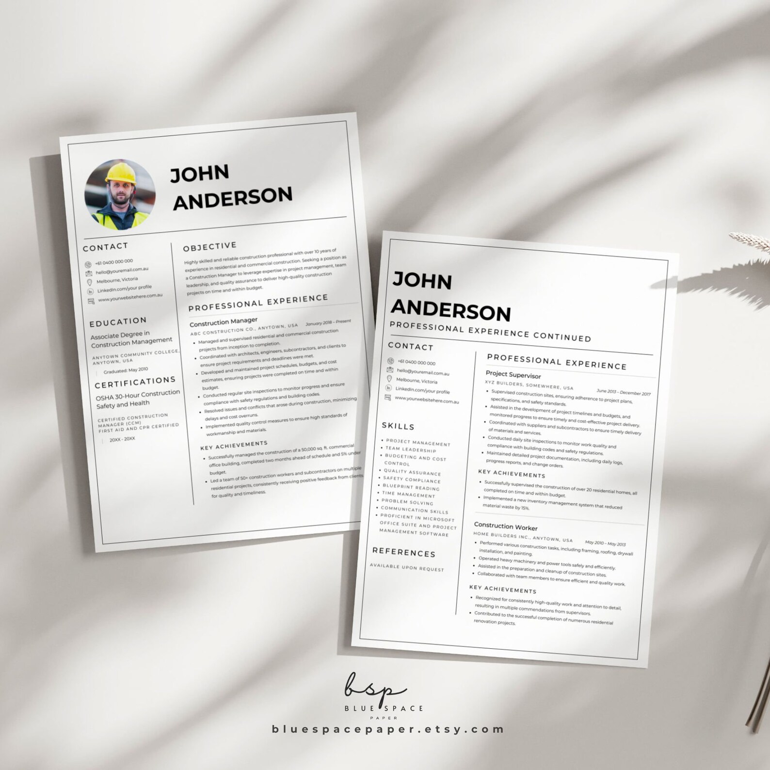Resume for Construction, Professional Resume With Photo, CV Template ...
