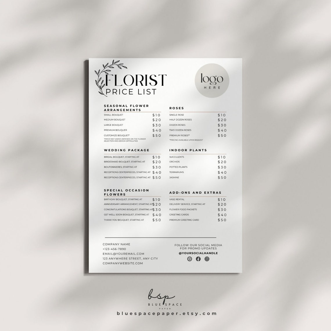 Price List Template for Florist, Flower Bouquet Price List, Floral ...