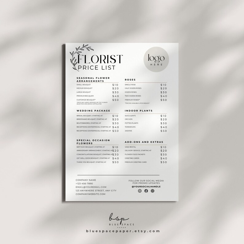 Price List Template for Florist, Flower Bouquet Price List, Floral ...