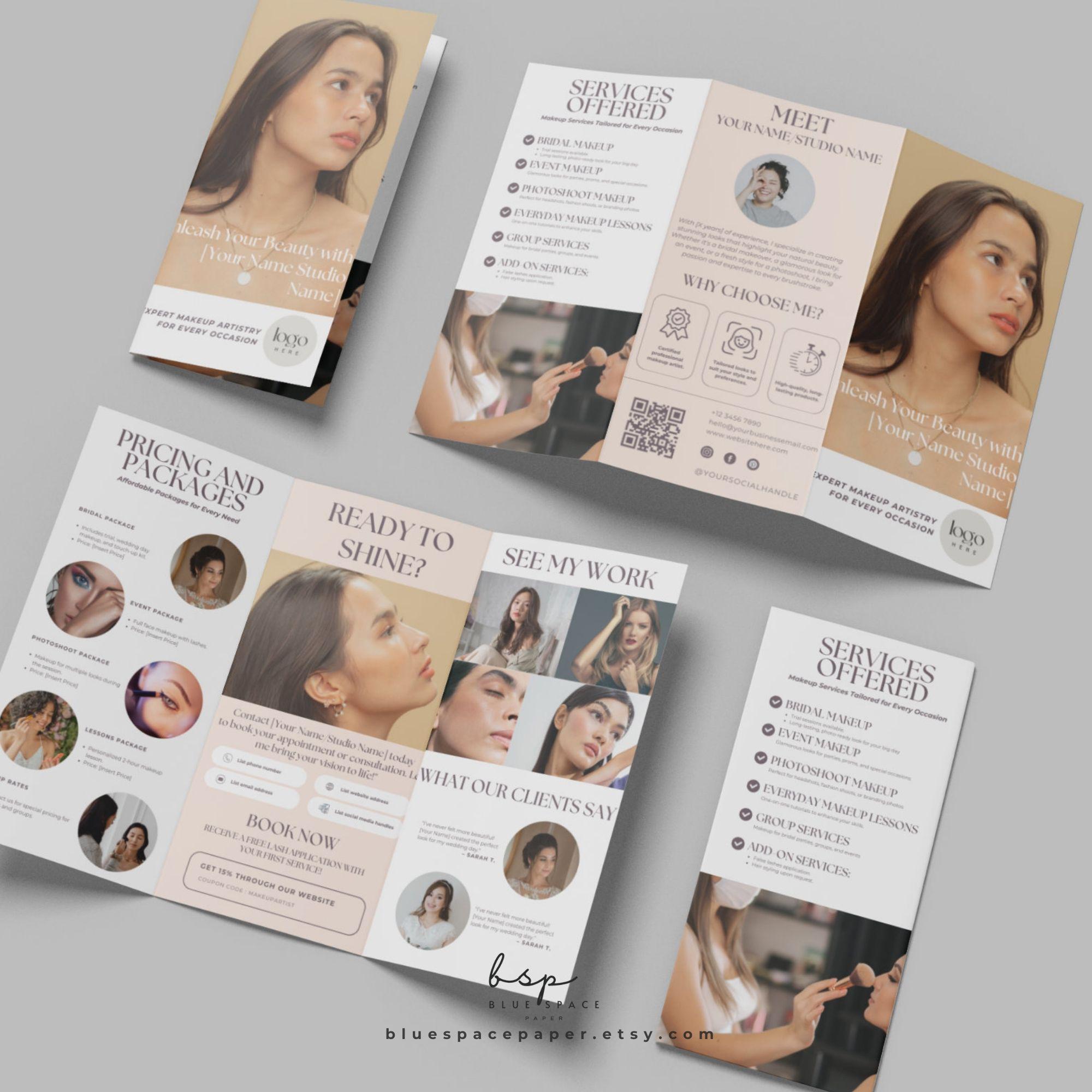 Makeup Artist Brochure, Wedding Hair and Makeup Menu, Trifold Pamphlet ...