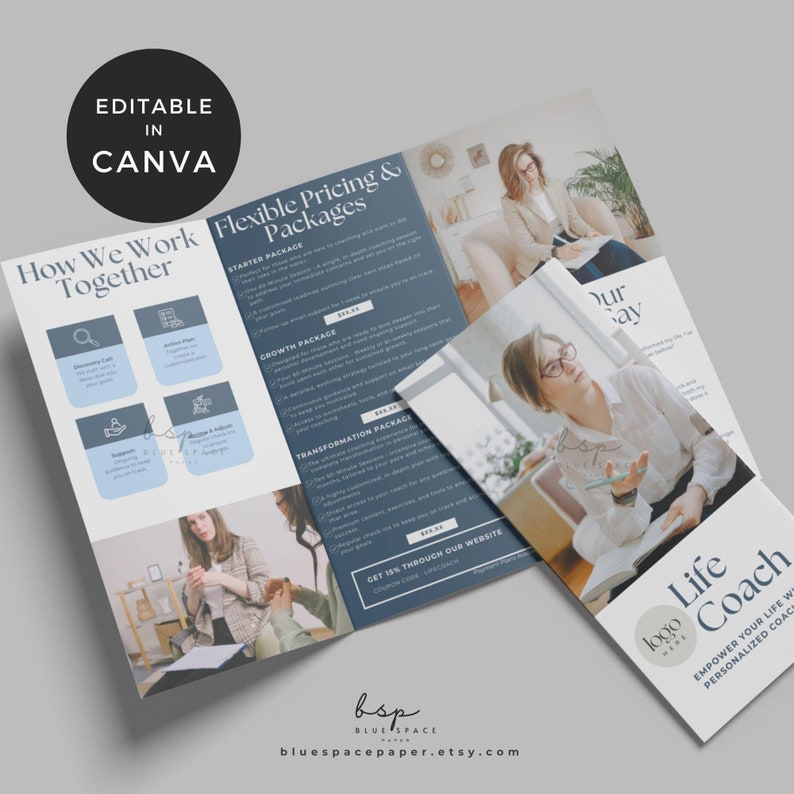 Coaching Brochure, Life Coach Brochure Template Canva, DIY Flyer ...