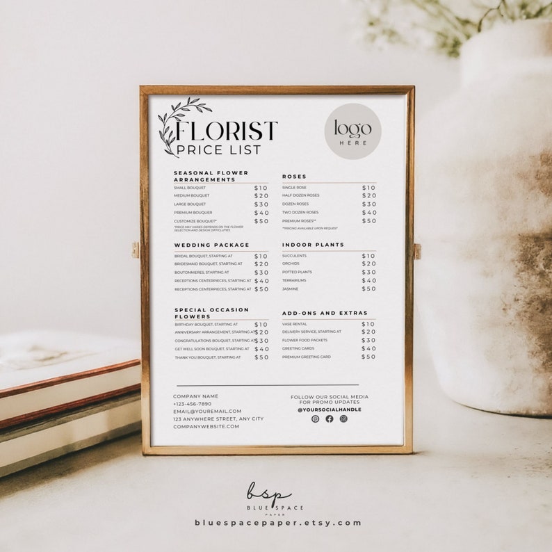 Price List Template for Florist, Flower Bouquet Price List, Floral ...