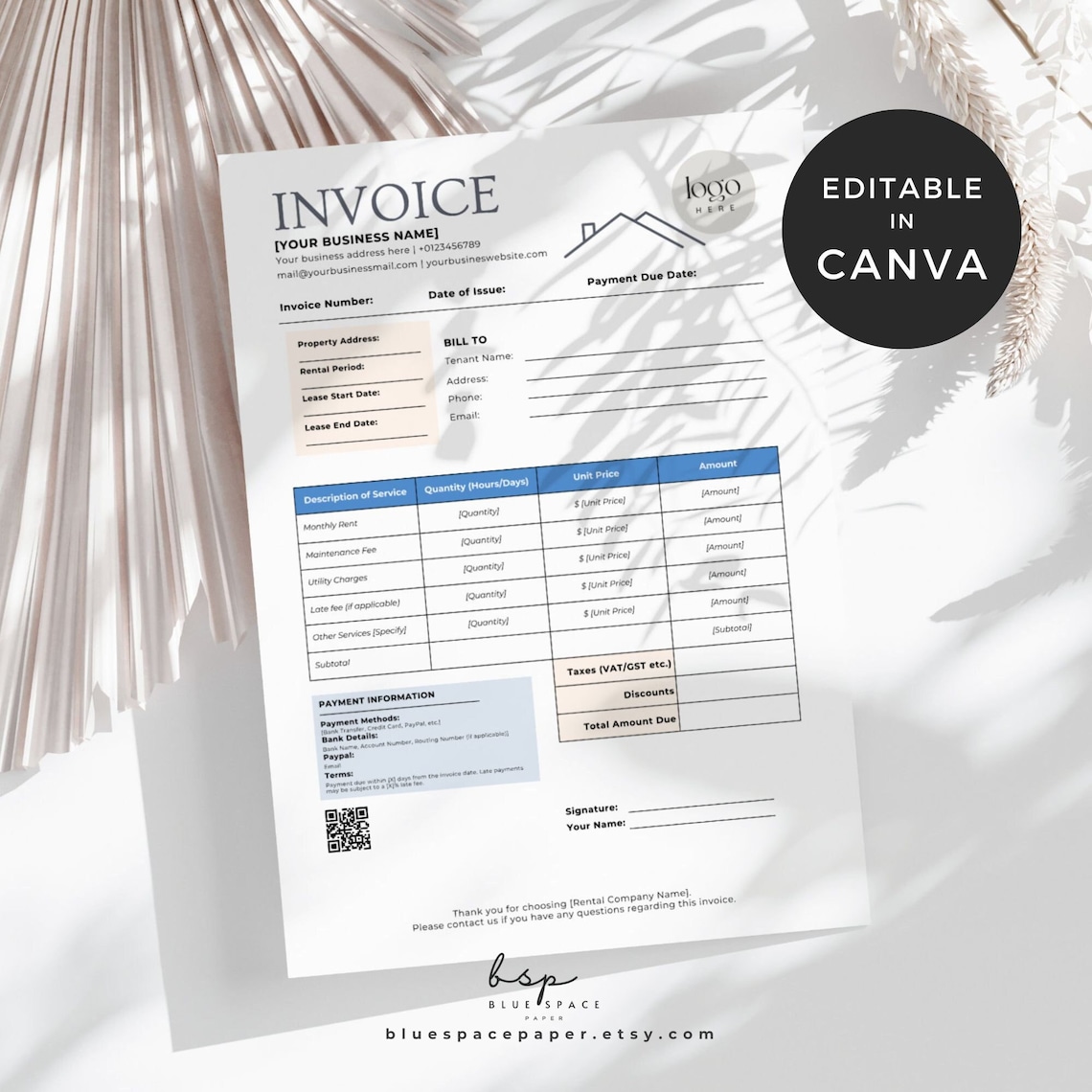 Rental Property Invoice, Airbnb Property Management Invoice, Rent ...