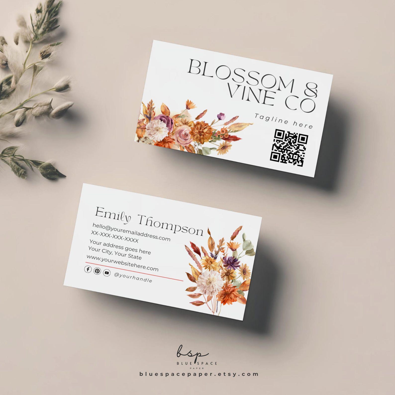 Florist Business Card Template, Flower Shop Business Card Template, DIY ...