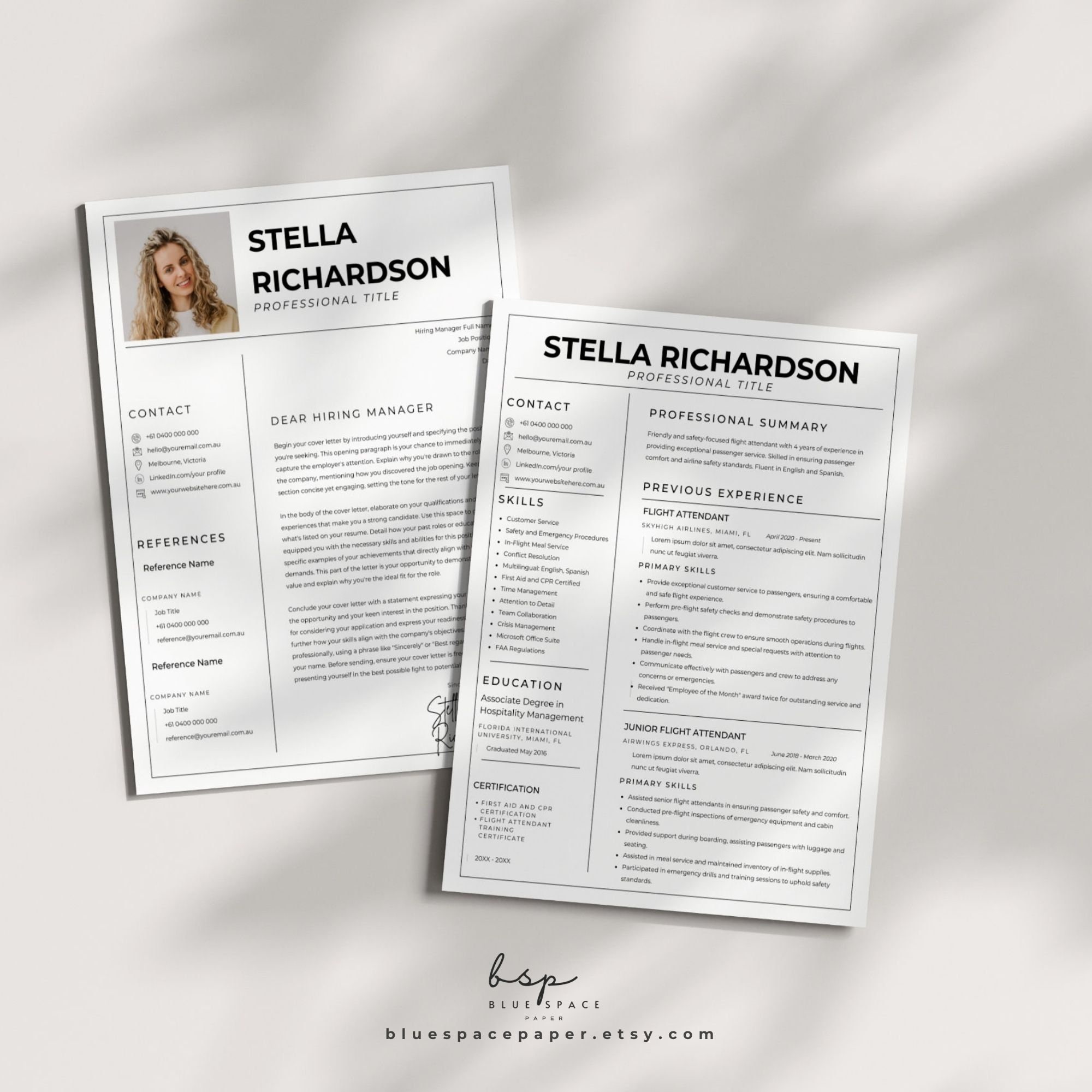 Flight Attendant Resume Template Canva, CV Template and Cover Letter ...