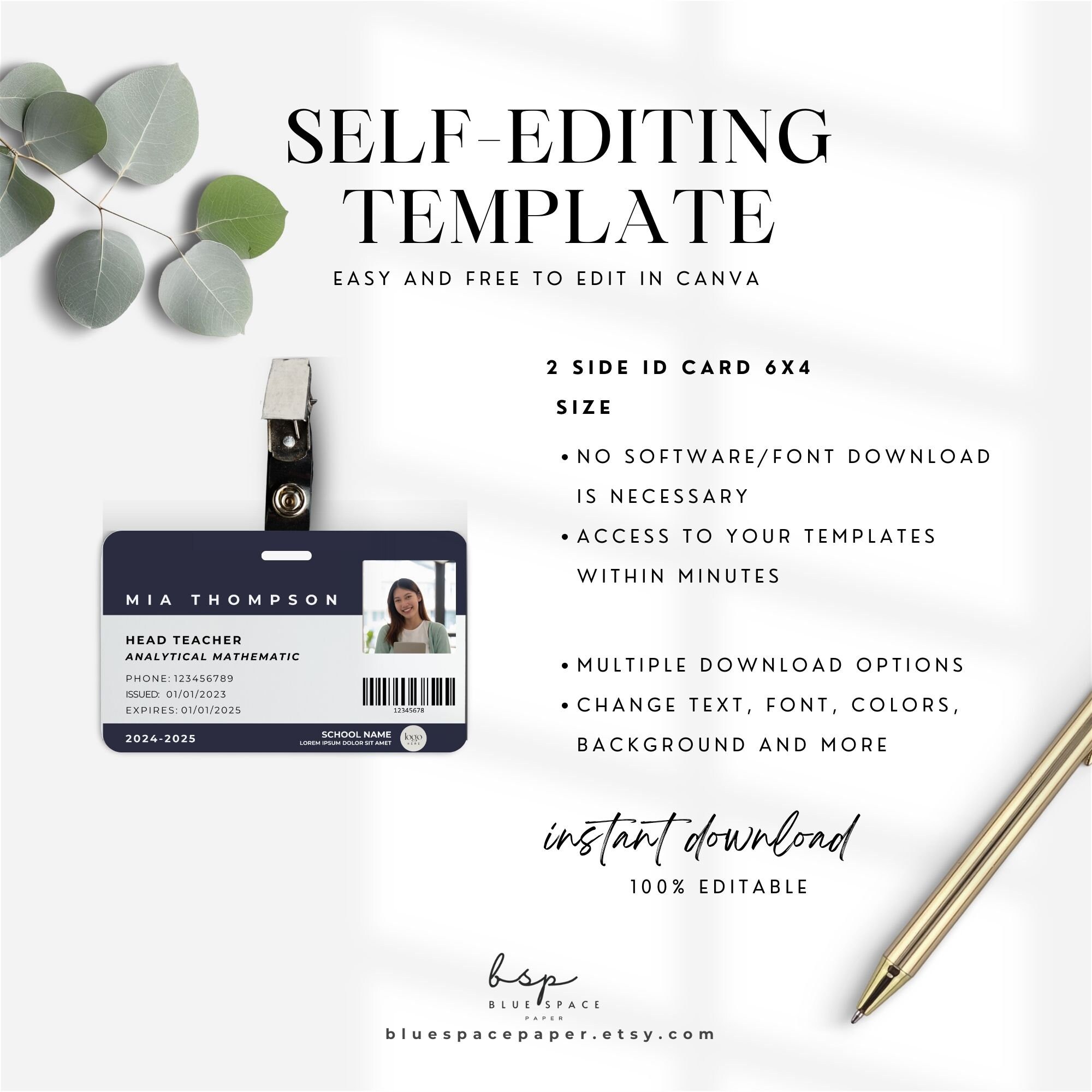 Printable Teacher Id Card, Editable ID Badge, ID Card Template Canva ...