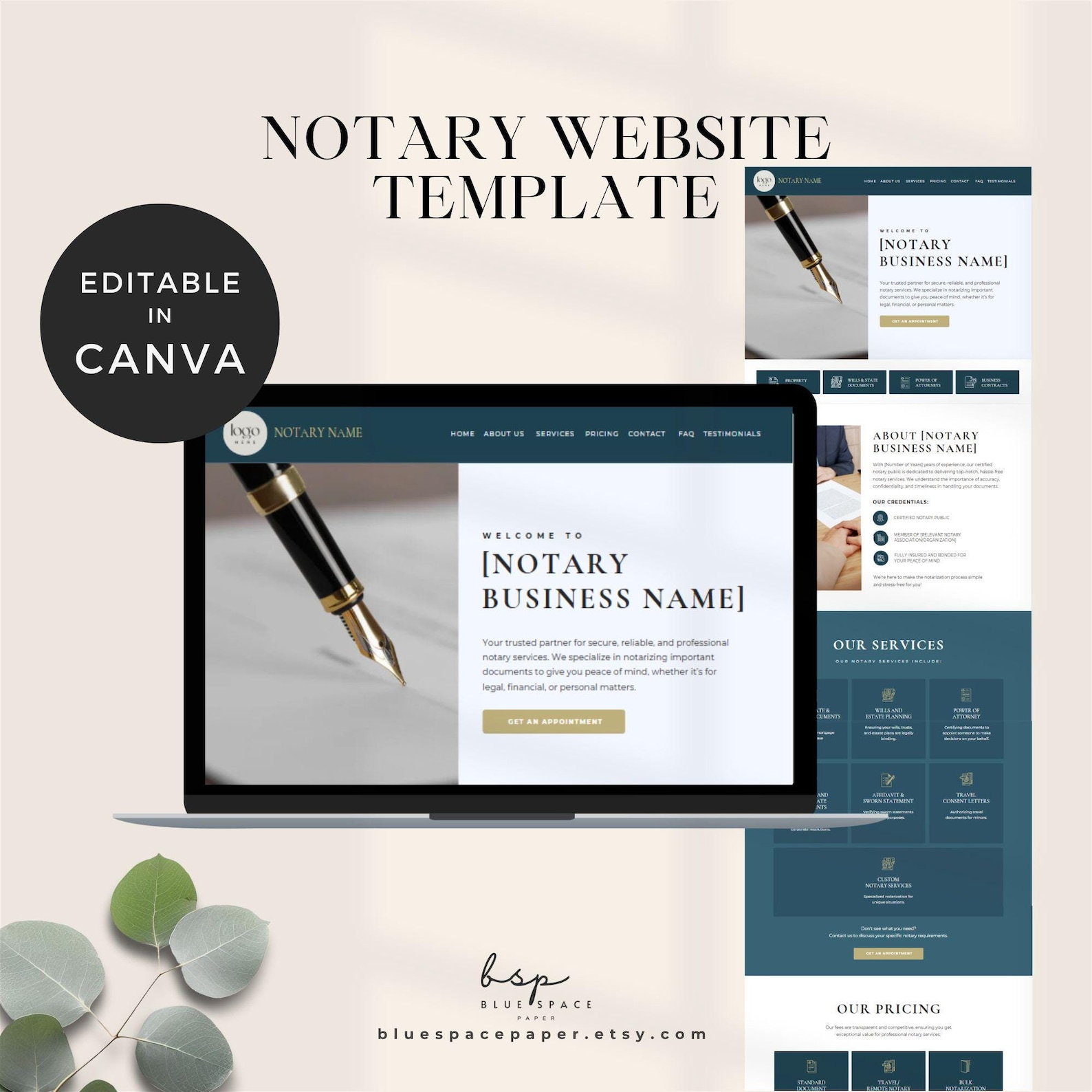 Canva Notary Website, Notary Public Website Template Canva, Notary ...