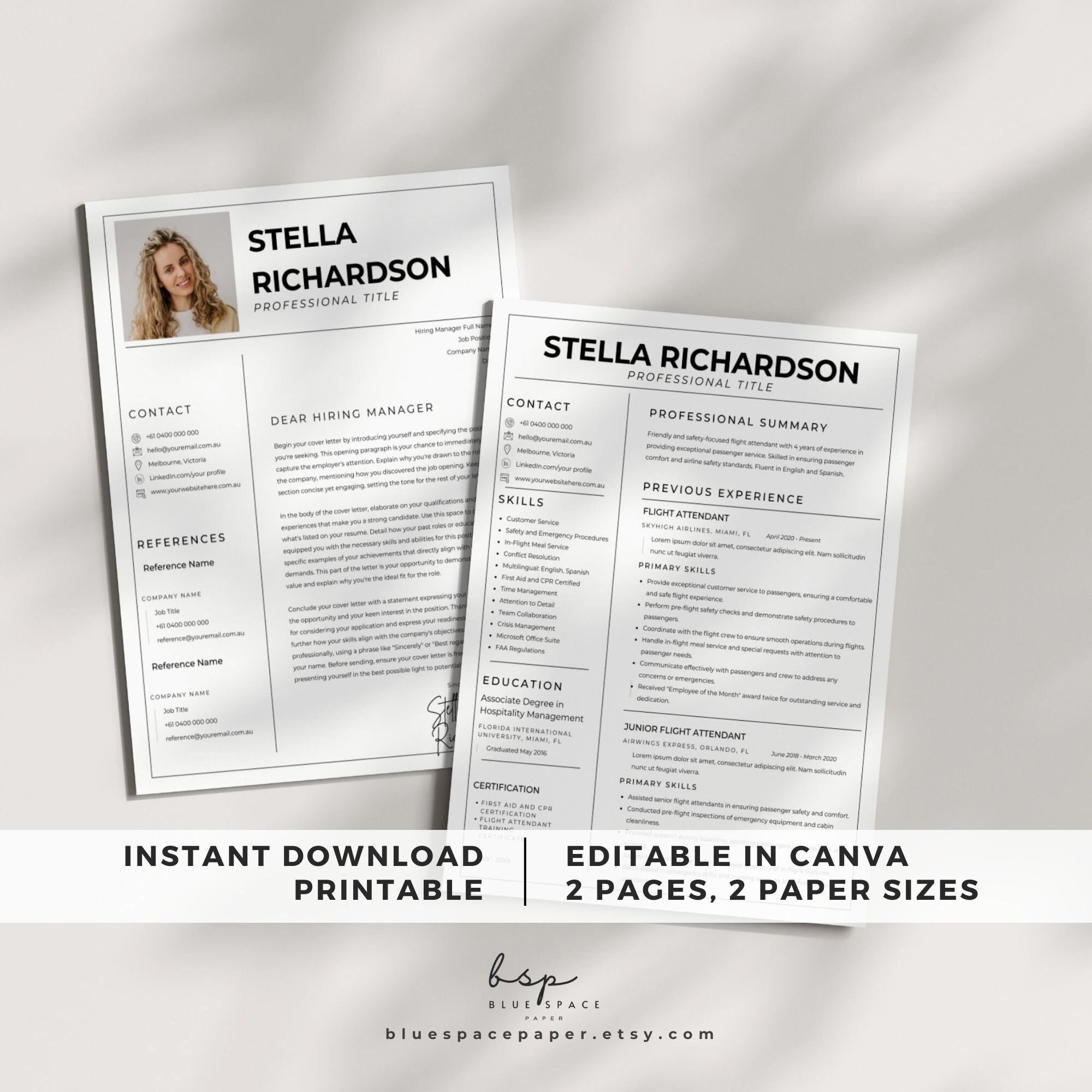 Flight Attendant Resume Template Canva, CV Template and Cover Letter ...