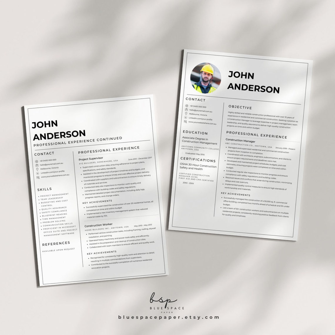 Resume for Construction, Professional Resume With Photo, CV Template ...