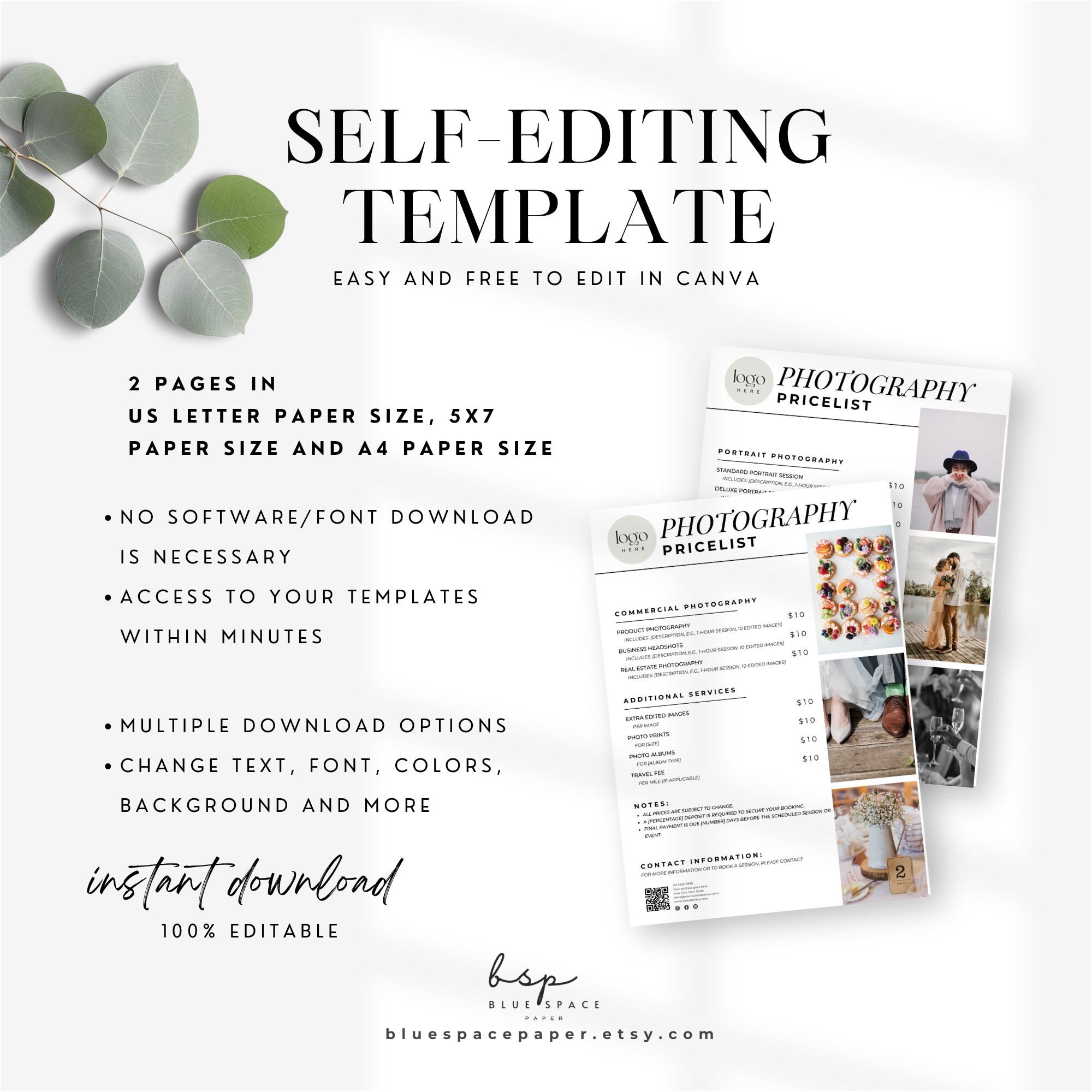 Photographer Price Menu, Modern Photography Price Sheet Template ...