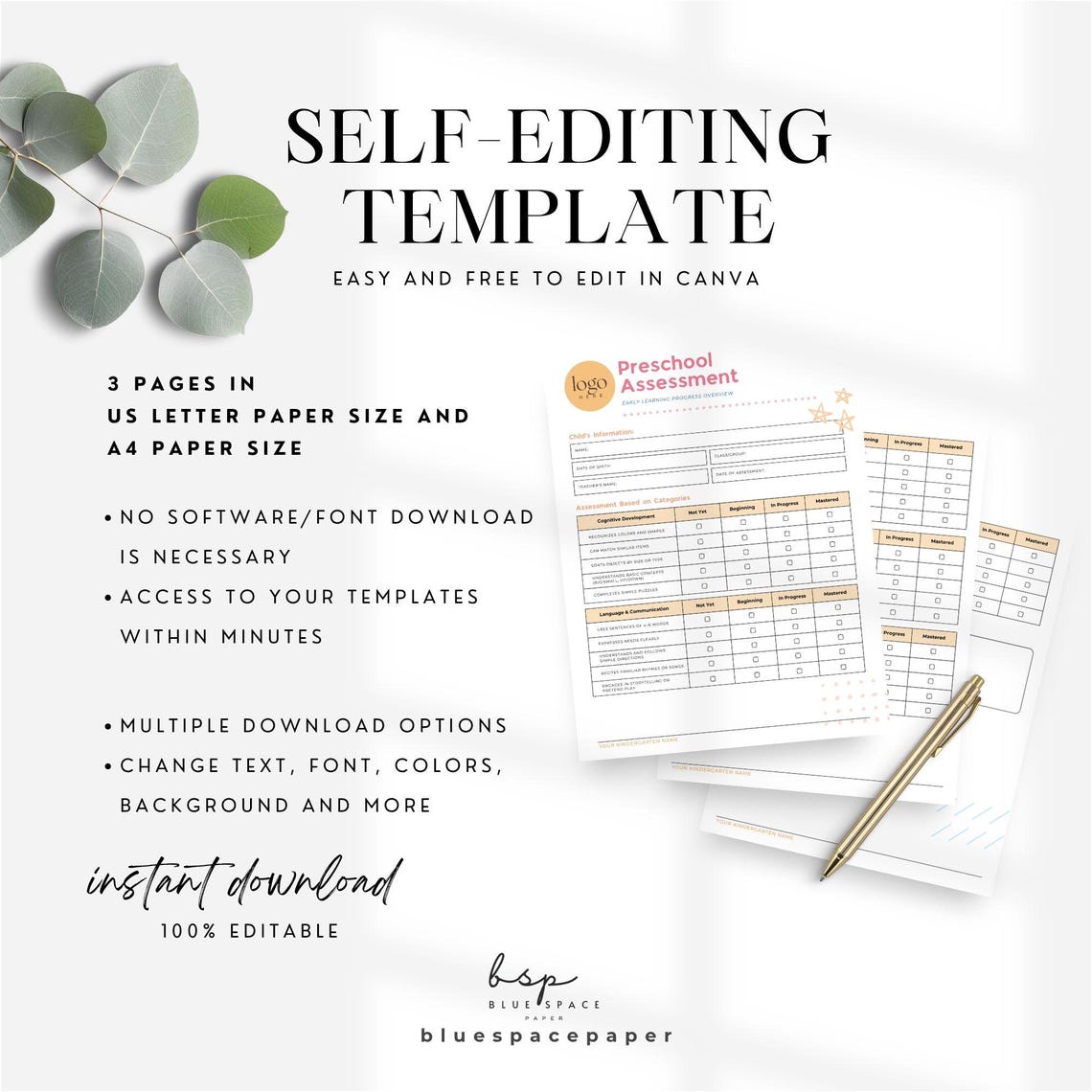 Preschool Assessment Sheets, Pre K Assessment Template, Homeschool ...