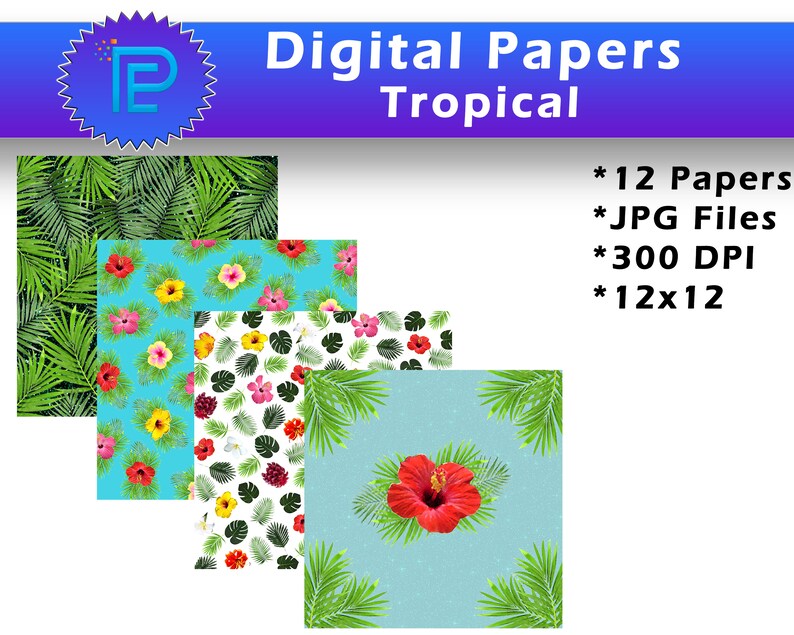 Tropical Digital Paper // Tropical Digital Background // Clipart // PNG ...