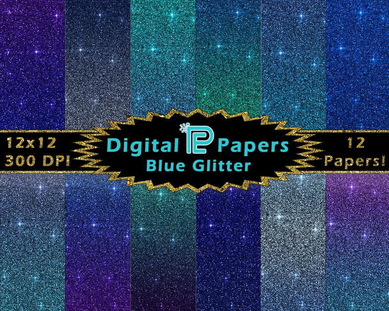 Blue Glitter Digital Paper // Blue Ombre Glitter // Digital Background ...