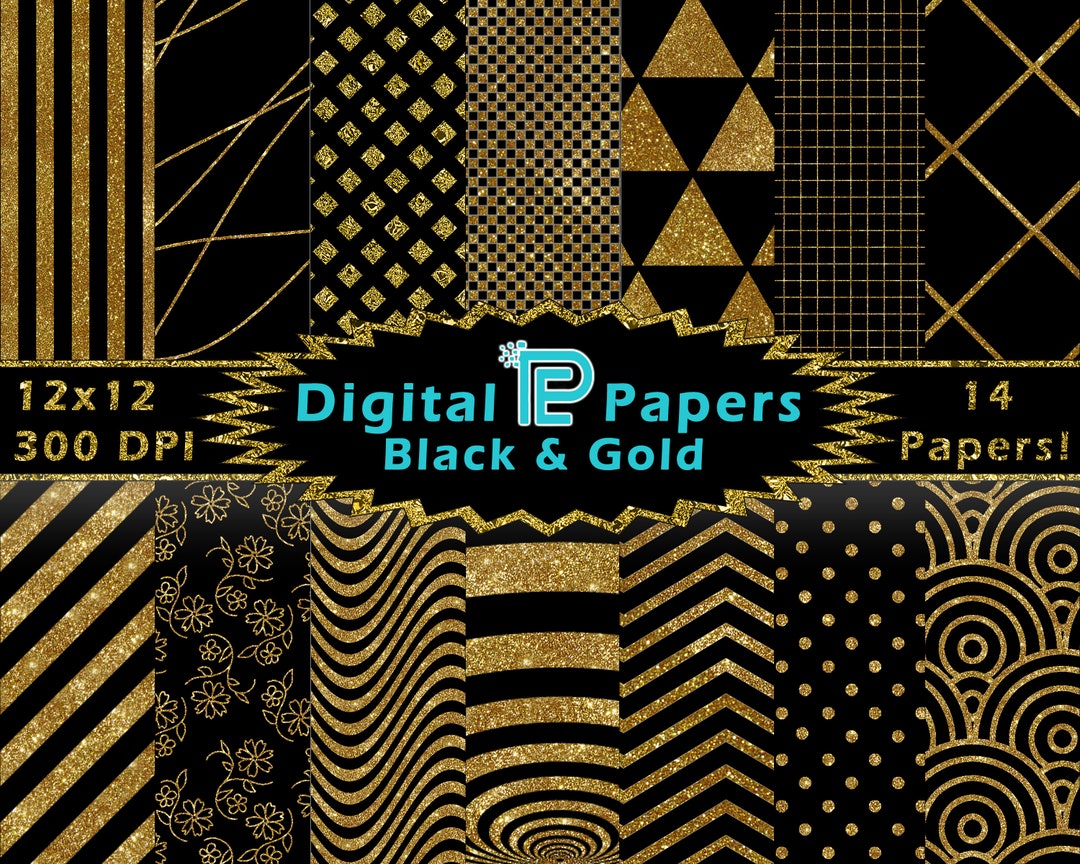 Black and Gold Digital Paper // Gold Glitter // Digital Background ...