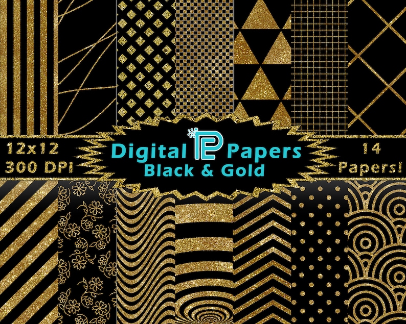 Black and Gold Digital Paper // Gold Glitter // Digital Background ...