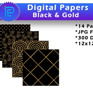Black and Gold Digital Paper // Gold Glitter // Digital Background ...