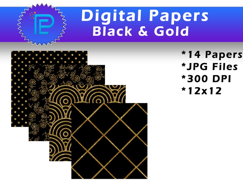 Black and Gold Digital Paper // Gold Glitter // Digital Background ...