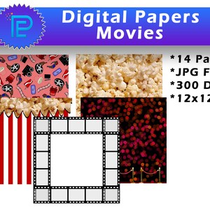 Movies Digital Paper // Digital Background // Popcorn // Hollywood ...