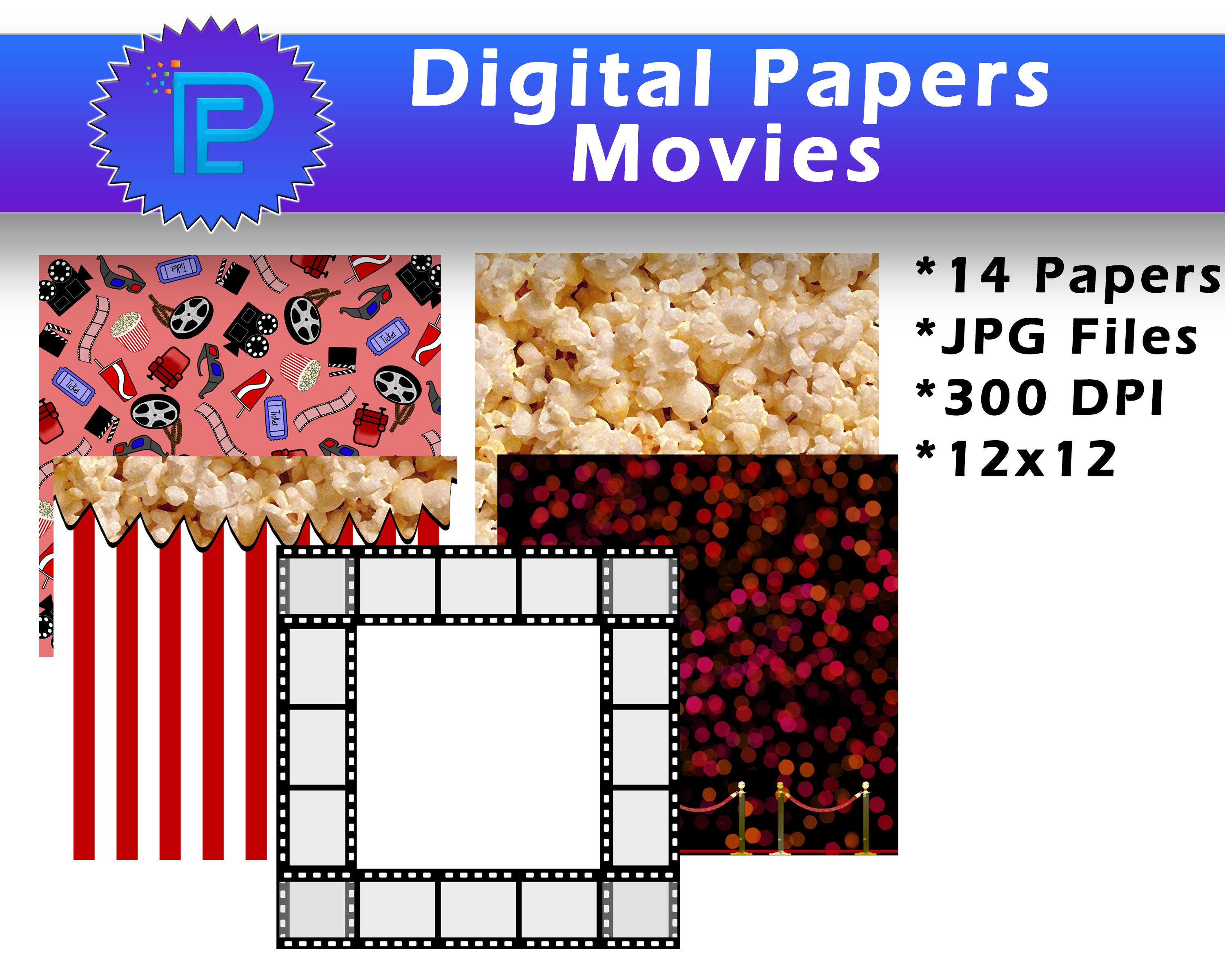 Movies Digital Paper // Digital Background // Popcorn // Hollywood ...