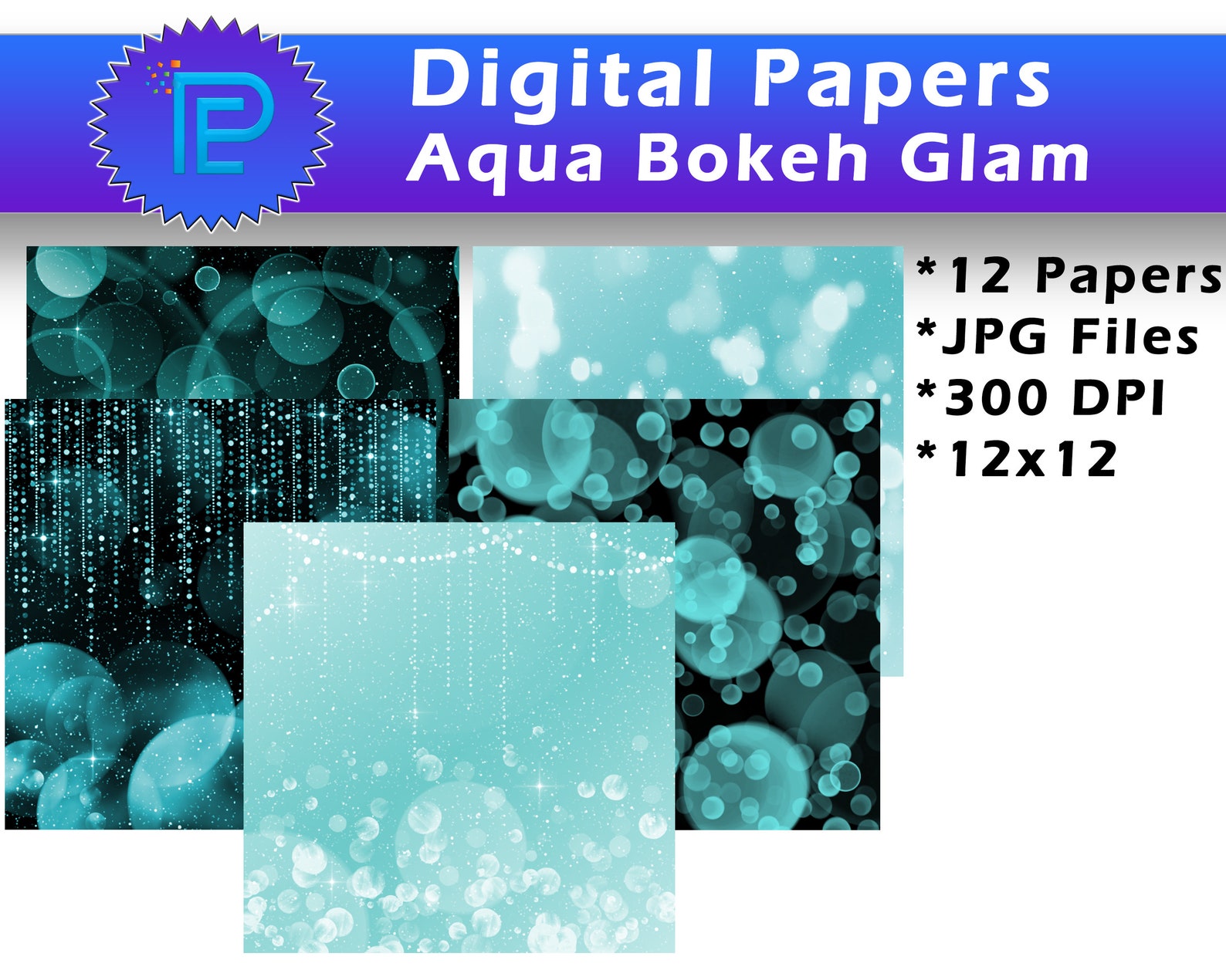 Aqua Glitter Bokeh Digital Paper // Glam // Digital Background ...