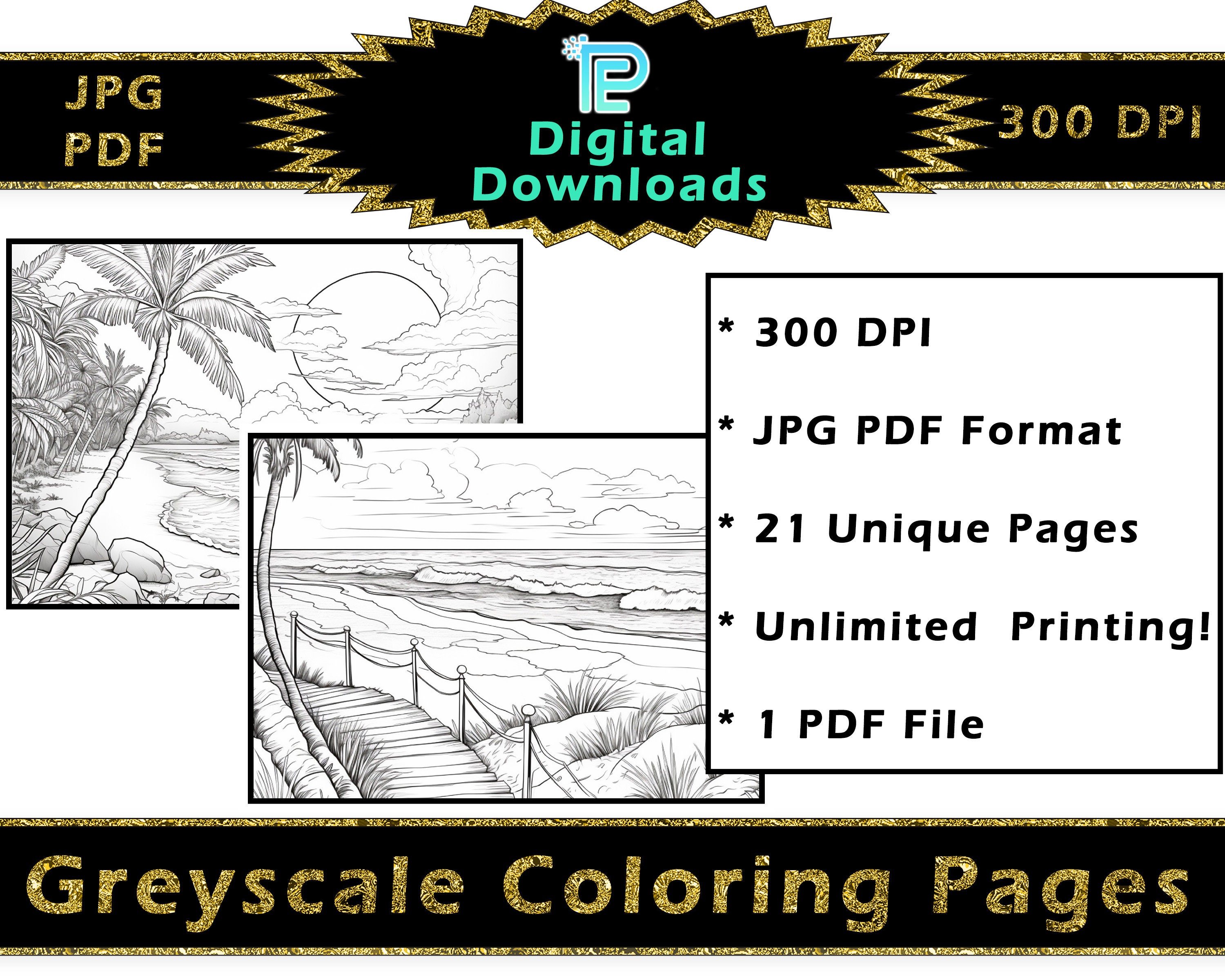 Beach Coloring Pages // Grayscale Coloring Sheets // Adult - Etsy