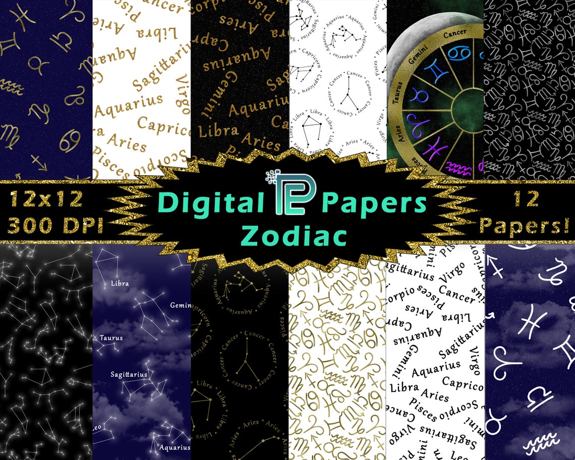 Zodiac Sign Digital Paper // Astrology Digital Paper Pack ...