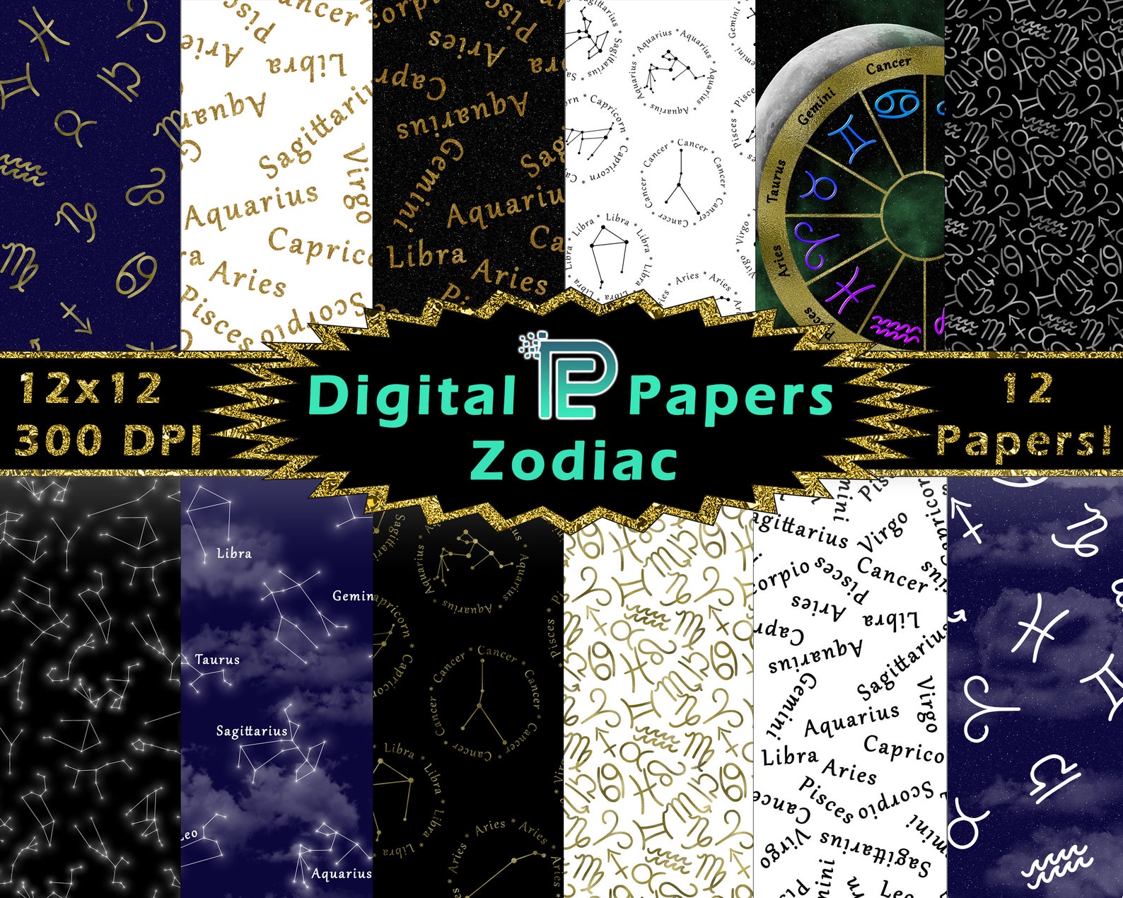Zodiac Sign Digital Paper // Astrology Digital Paper Pack ...