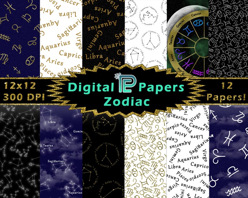 Zodiac Sign Digital Paper // Astrology Digital Paper Pack ...