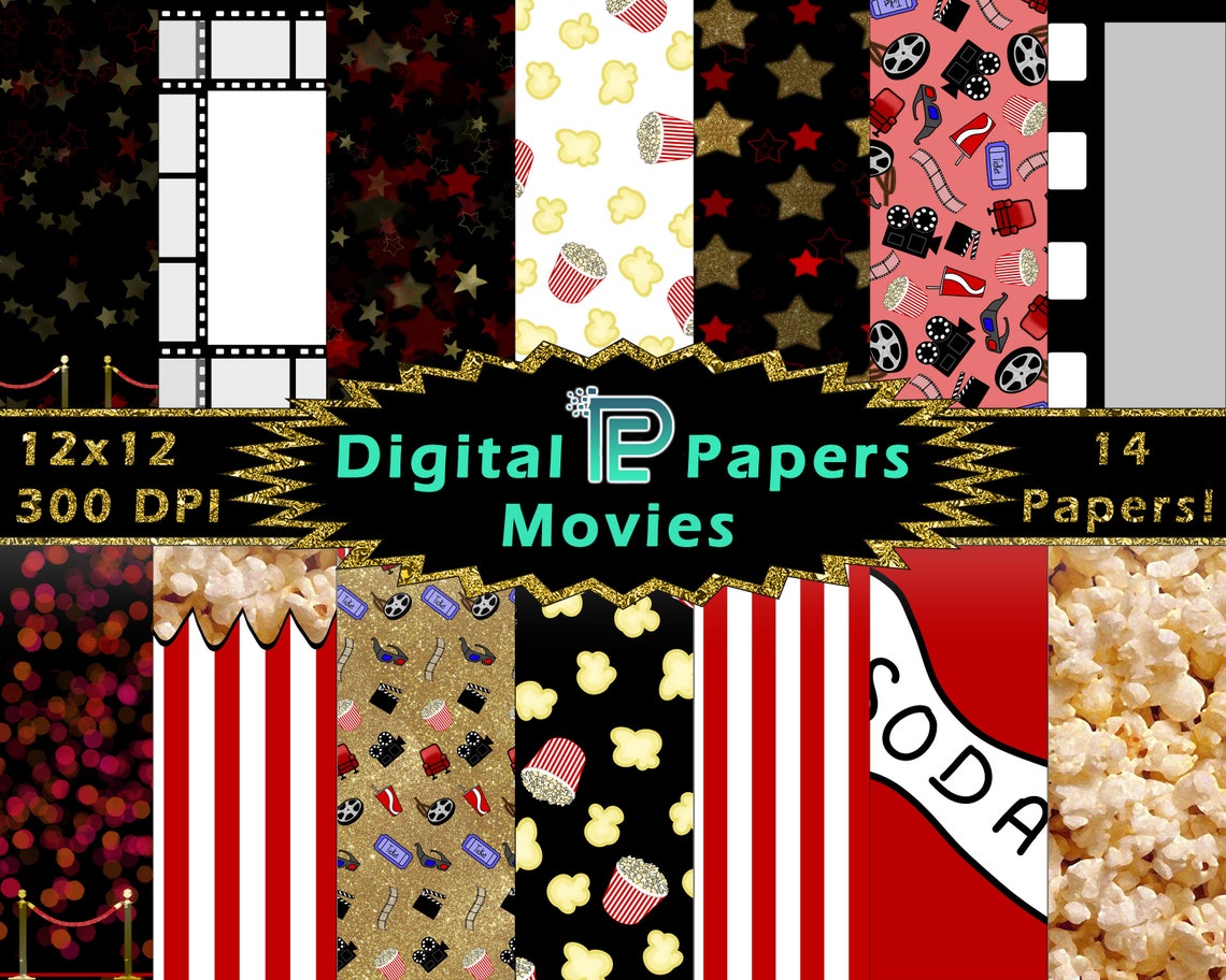 Movies Digital Paper // Digital Background // Popcorn // Hollywood ...
