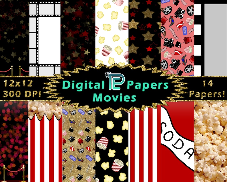 Movies Digital Paper // Digital Background // Popcorn // Hollywood ...